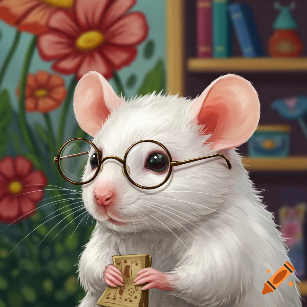 A cute white mouse wearing glasses holds a small book in a room with ...