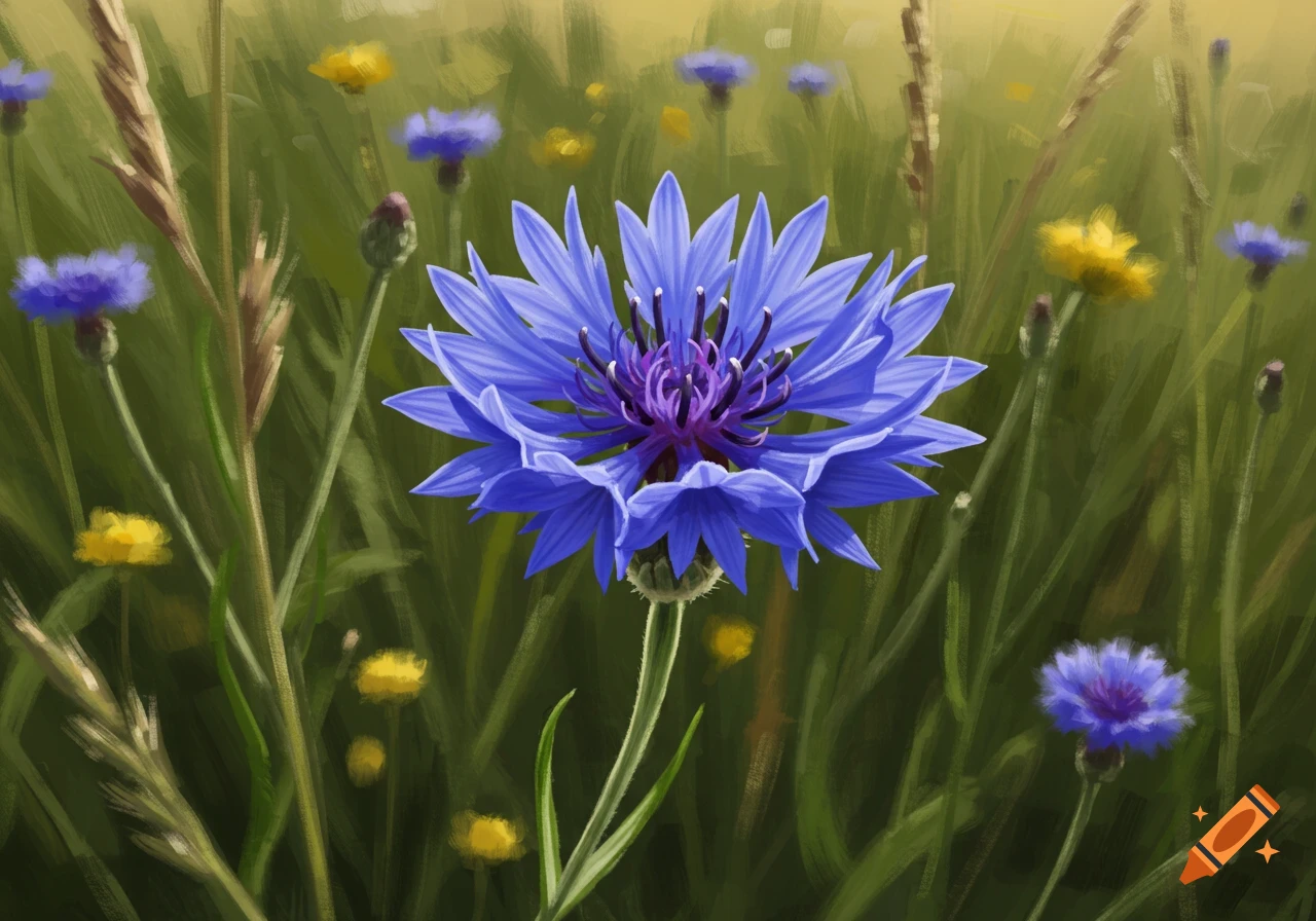 A painting of a blue cornflower in a field of green grass and yellow ...