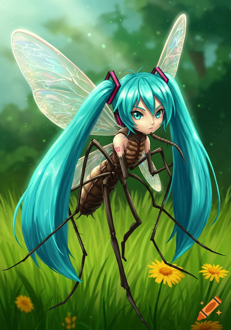 Hatsune Miku with a mosquito body and wings stands in grass. on Craiyon