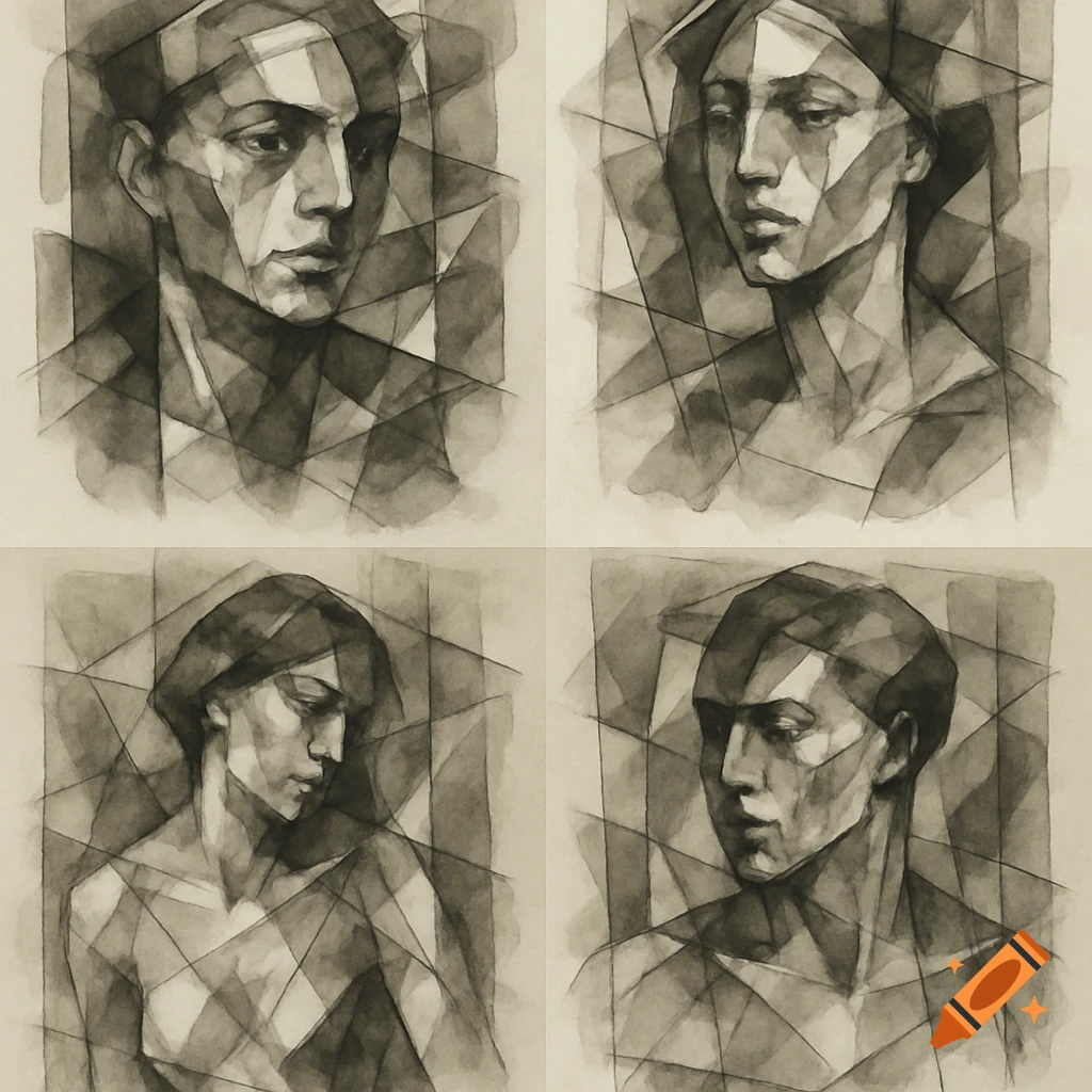 Four abstract cubist portraits in ink wash style. on Craiyon