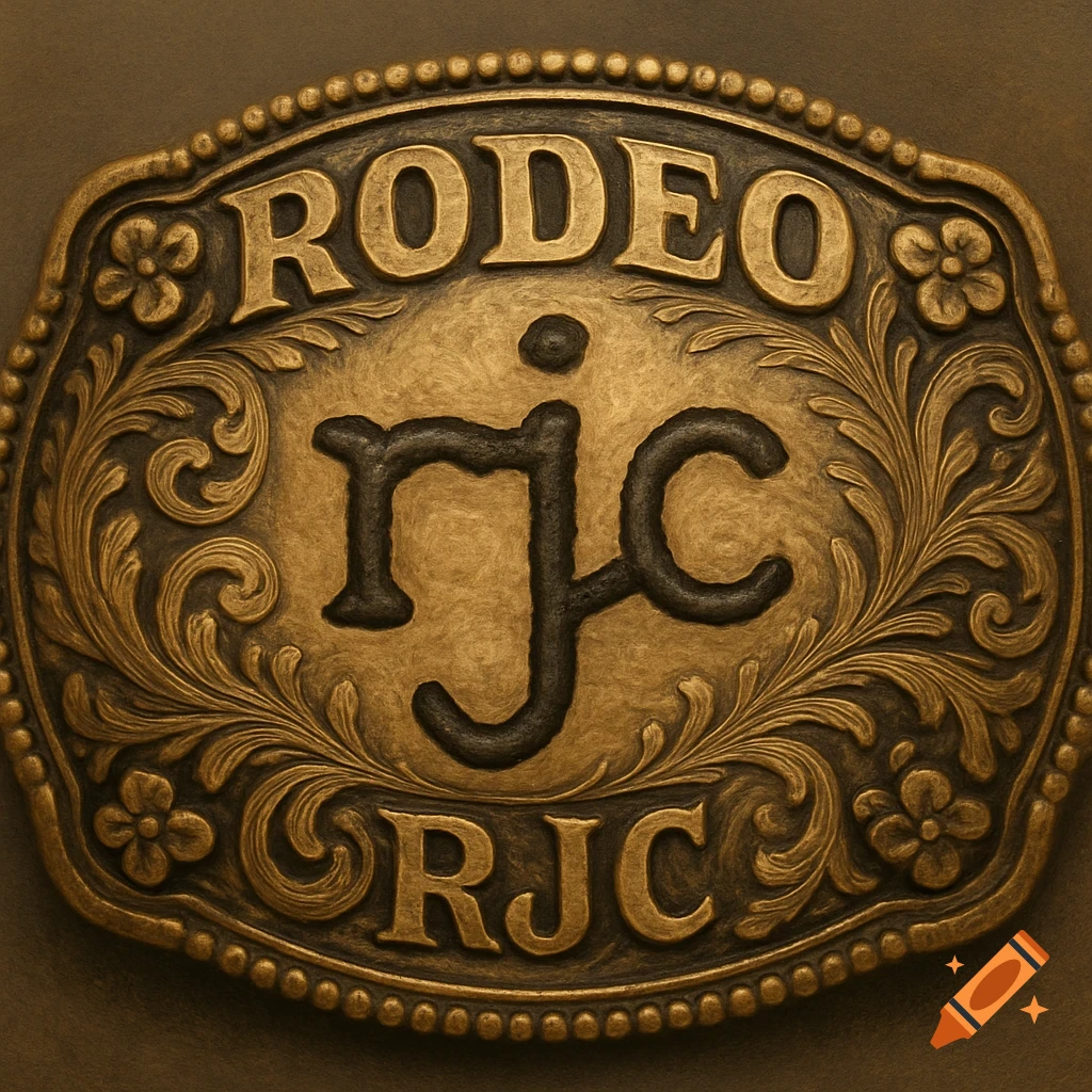 Gold rodeo belt buckle with 'RODEO', 'rjc' cattle brand, and 'RJC ...