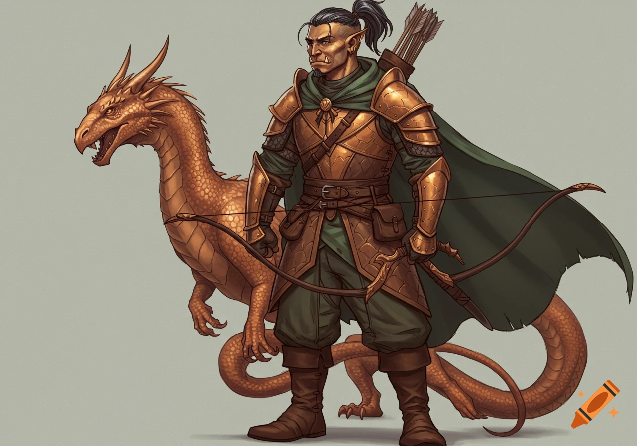 A half-orc ranger in golden armor stands beside a bronze dragon. on Craiyon