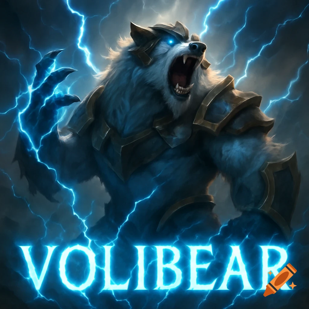 Fierce bear-like creature in armor surrounded by lightning with ...