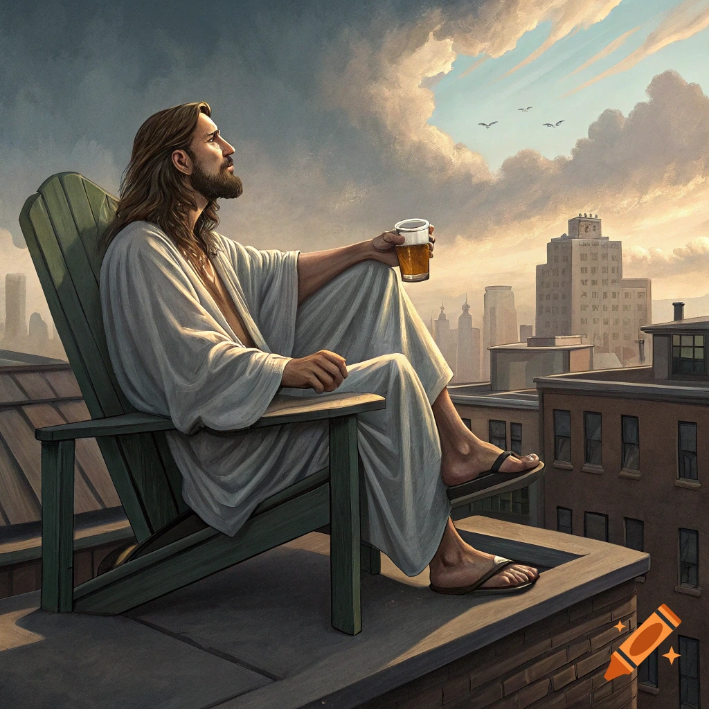 Jesus sits in a lawn chair on a rooftop, holding a beer and looking out ...