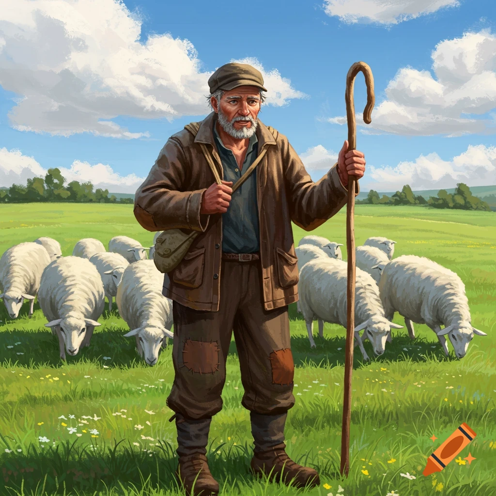 An old shepherd with a staff stands among sheep in a green field under ...
