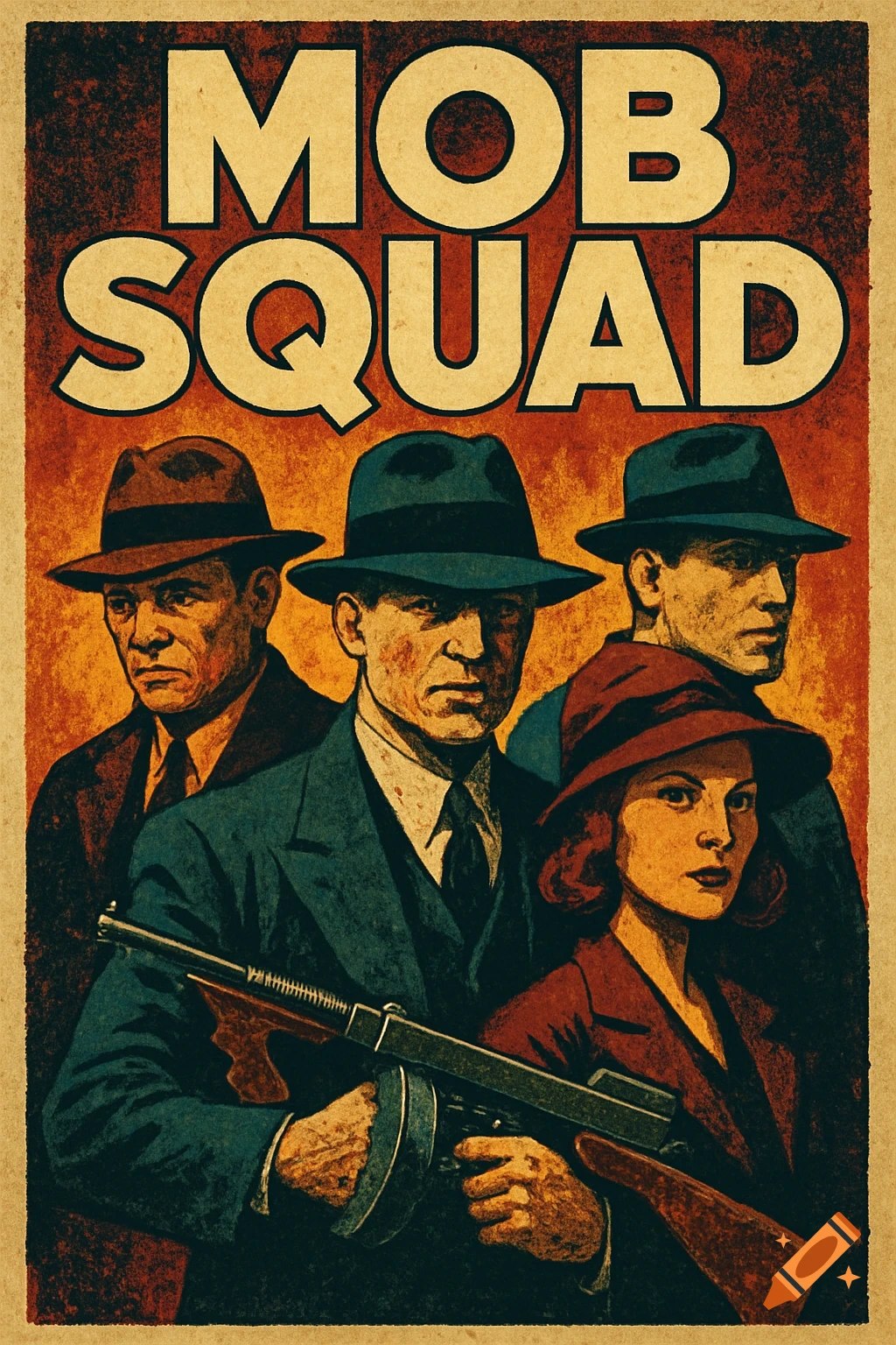 Vintage poster of three men and a woman with a gun, text reads Mob Squad on Craiyon