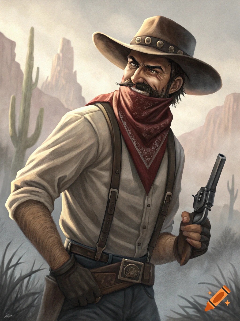 Digital painting of a grinning cowboy with a mustache and bandana ...