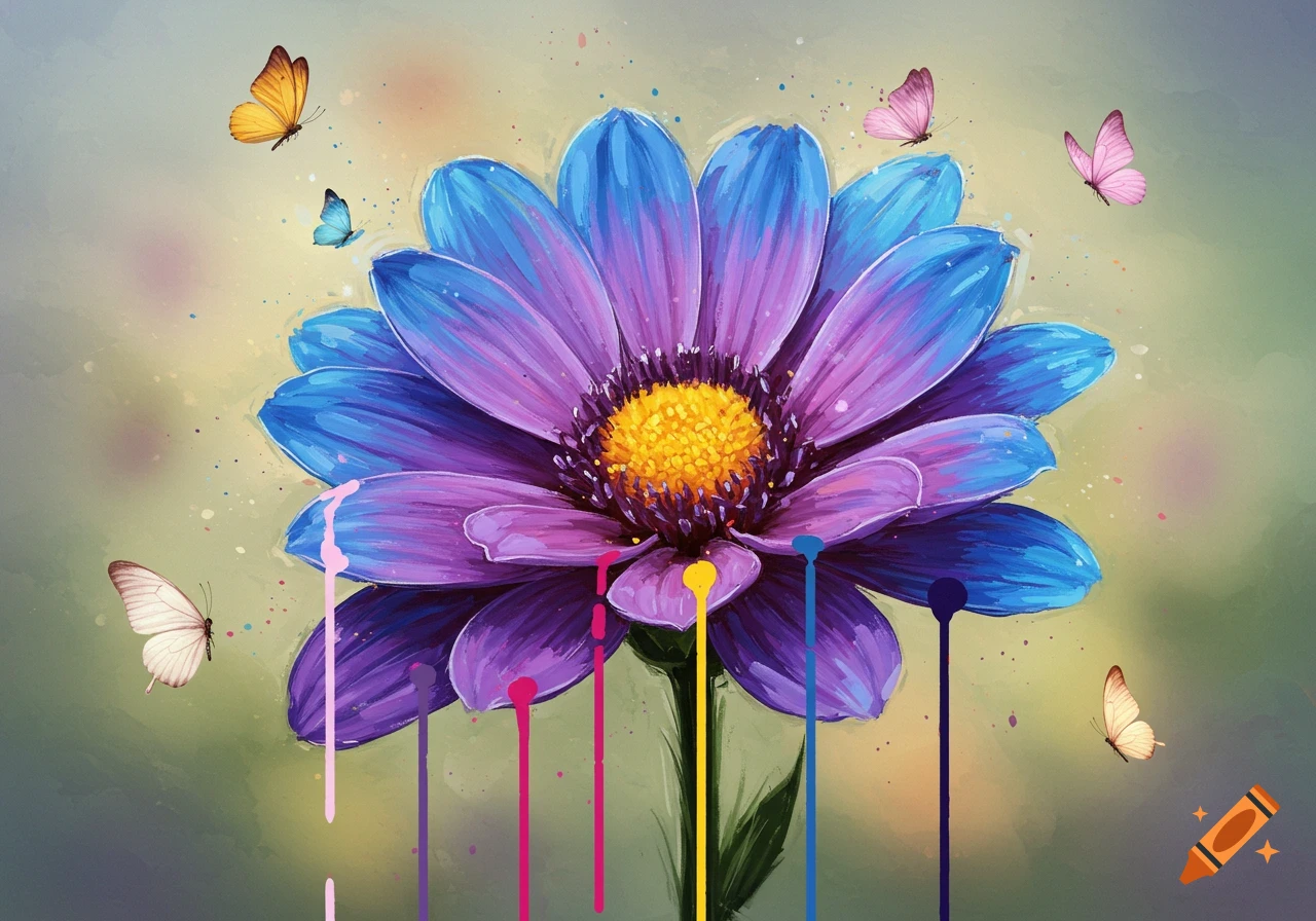 Colorful flower with paint drips and butterflies, watercolor style on ...