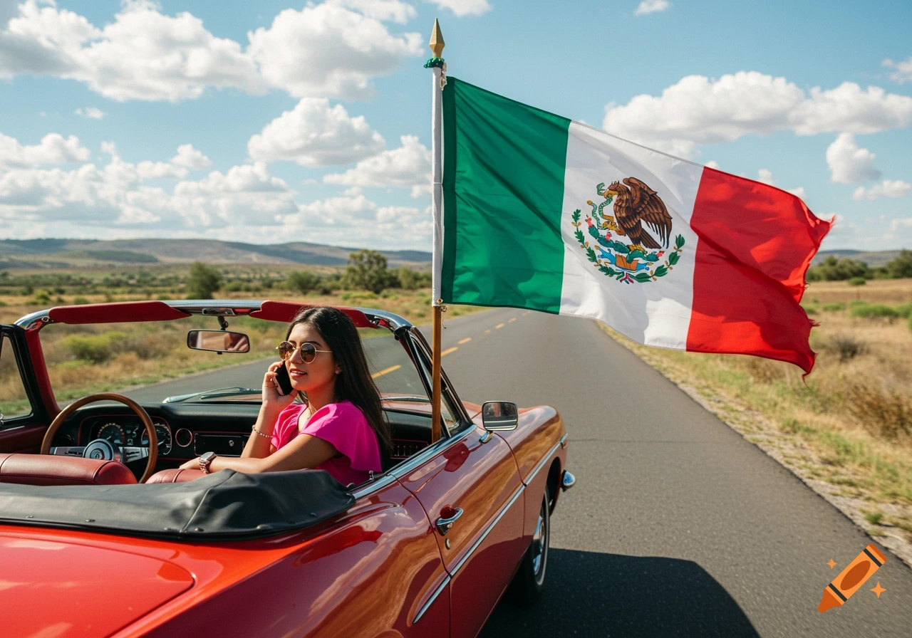 Woman driving red convertible with Mexican flag on rural road, talking ...