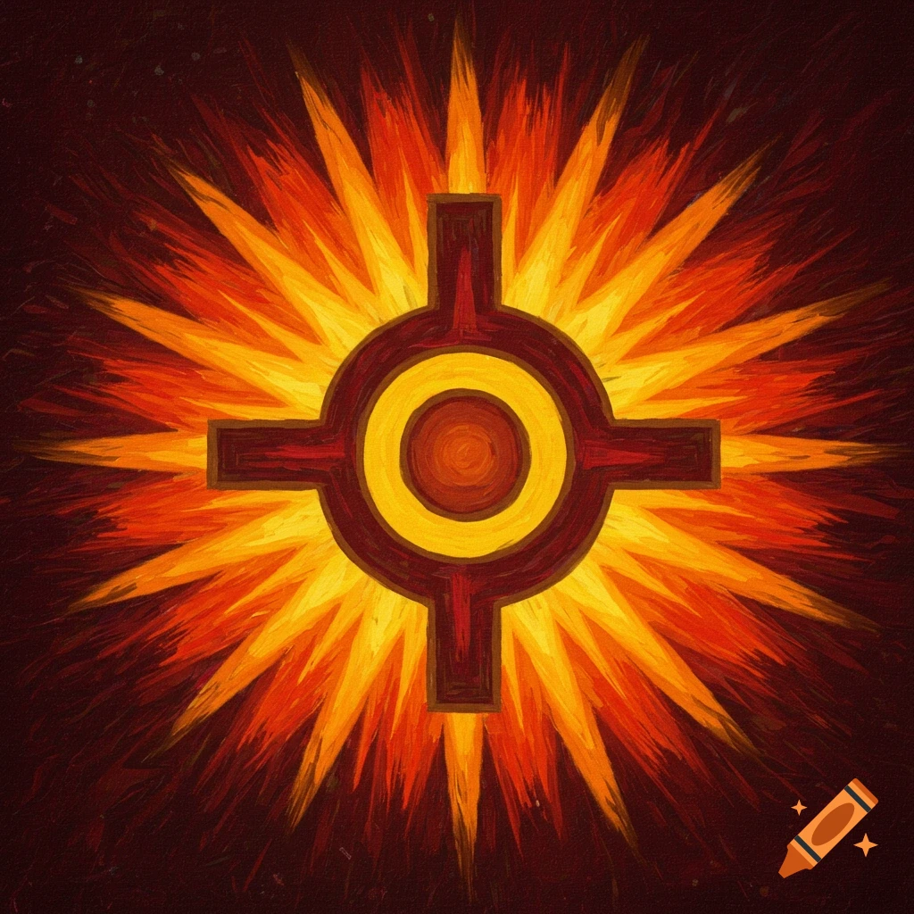 A stylized depiction of the Zia symbol in warm red and yellow tones ...