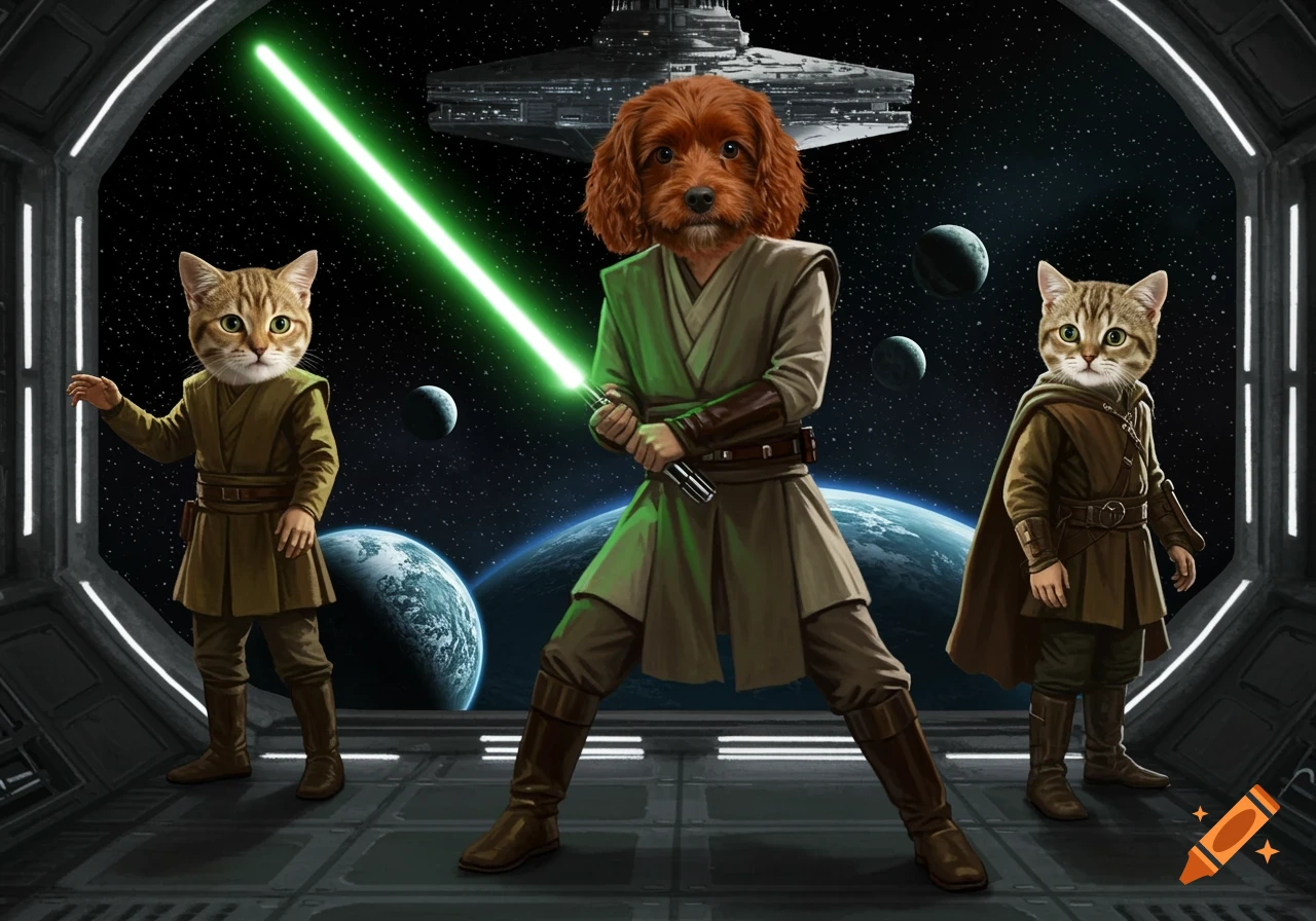 A dog Jedi with a green lightsaber stands between two cat Padawans in a space station ...