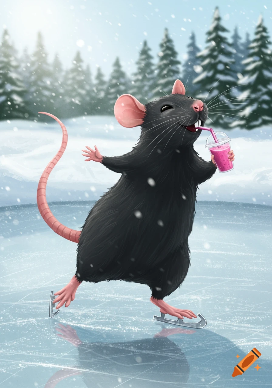 A cartoon rat ice skating on a snowy rink drinks a pink smoothie. on ...