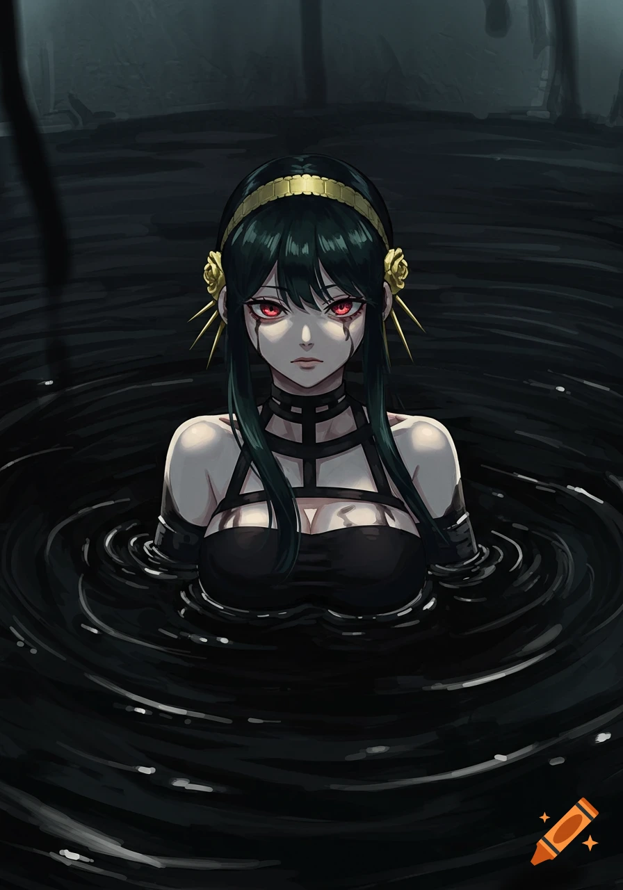 Anime character Yor Forger with red eyes, chest deep in dark liquid on ...