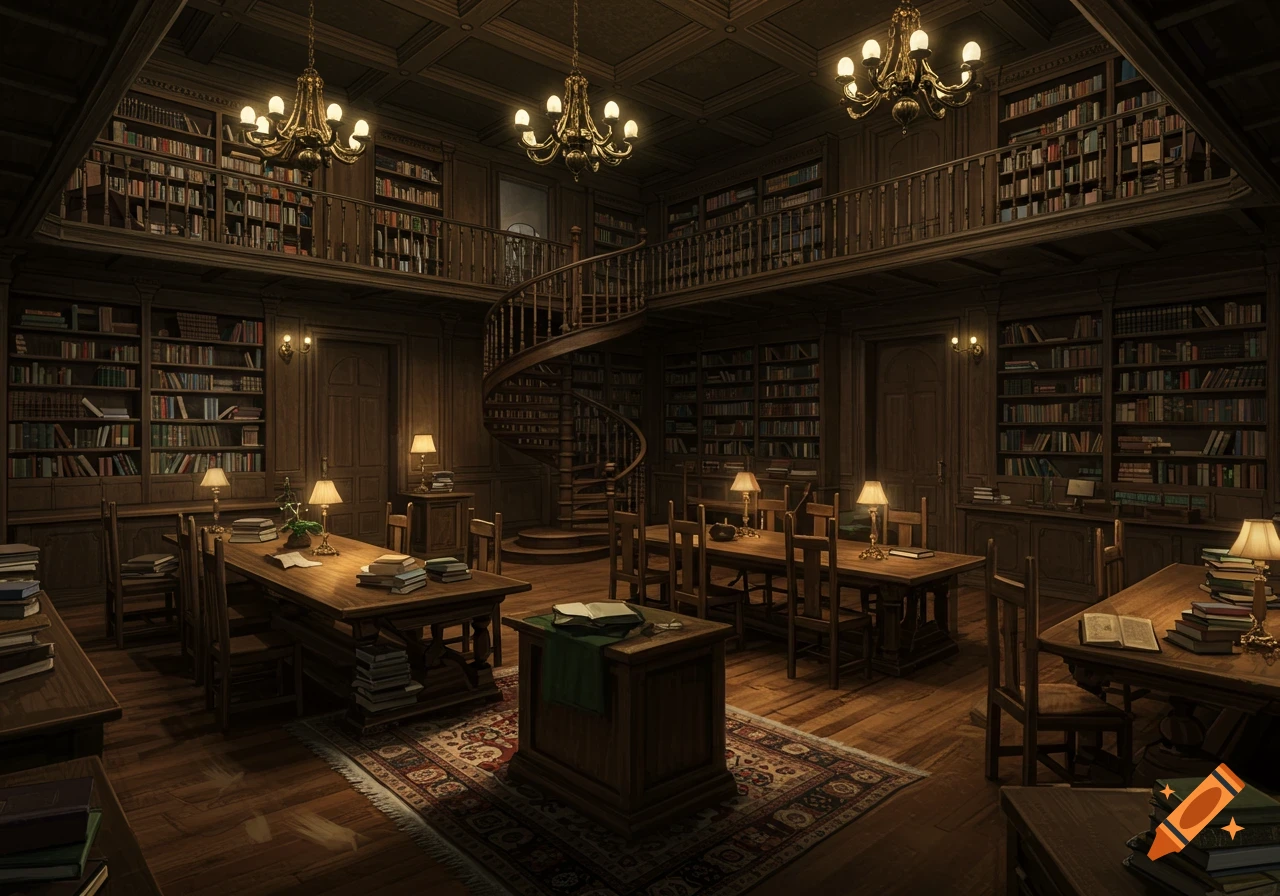 A grand, two-story library with bookshelves, tables, chairs ...