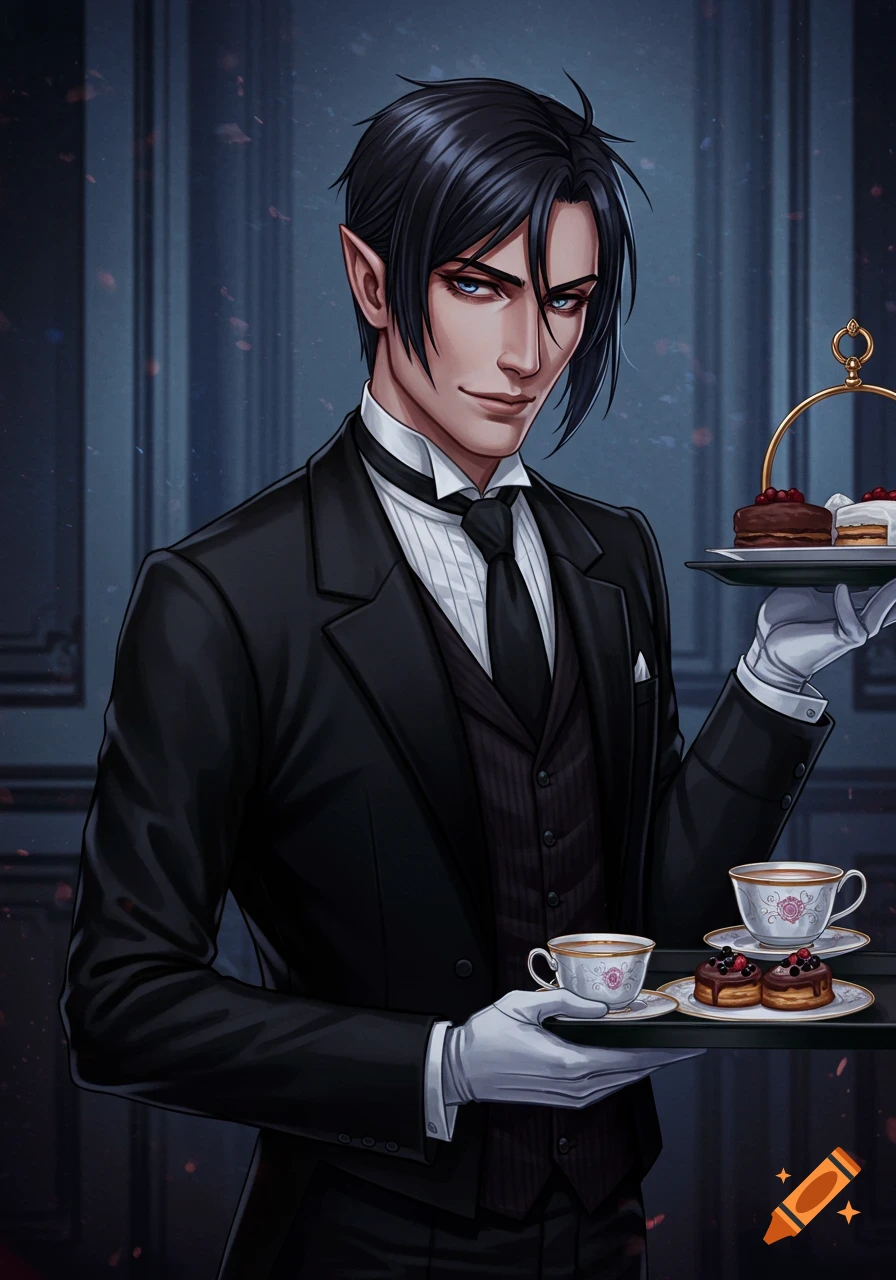 Dark-haired male character in butler uniform holding trays of pastries ...