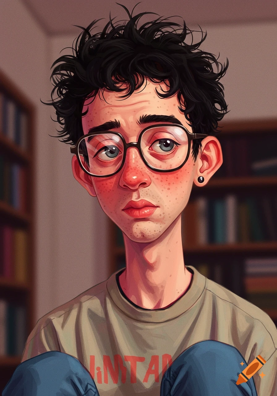 Stylized illustration of a nerdy guy with glasses and messy hair. on ...