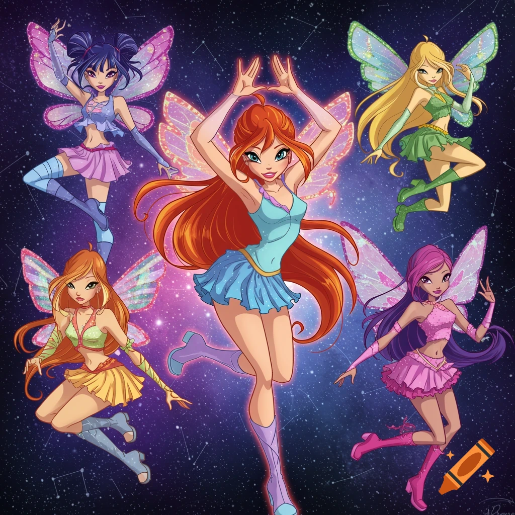 Five animated fairy characters with wings float in space with stars and ...