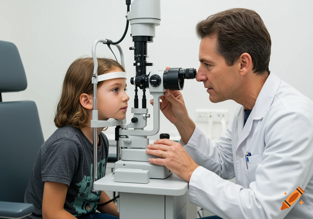 An eye doctor examines a young child's eye using a slit lamp instrument ...