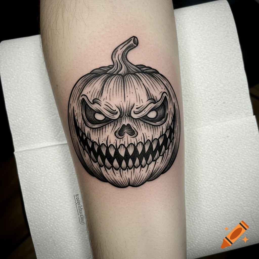 Black and white tattoo of a scary jack-o'-lantern face on an arm. on ...