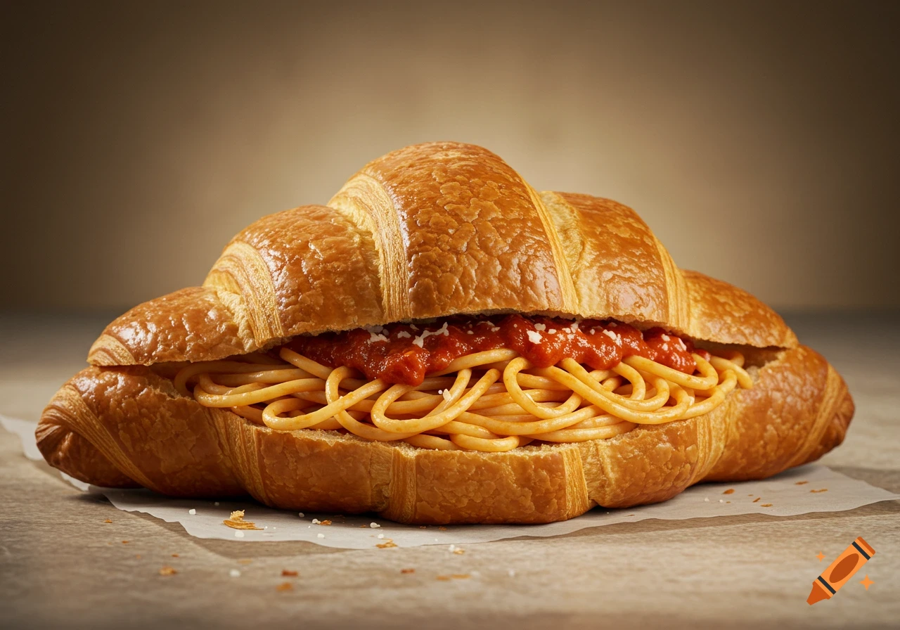 A photorealistic image of spaghetti served inside a croissant. on Craiyon