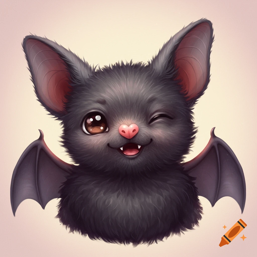 Cute chibi bat with a heart nose winking at the camera. on Craiyon