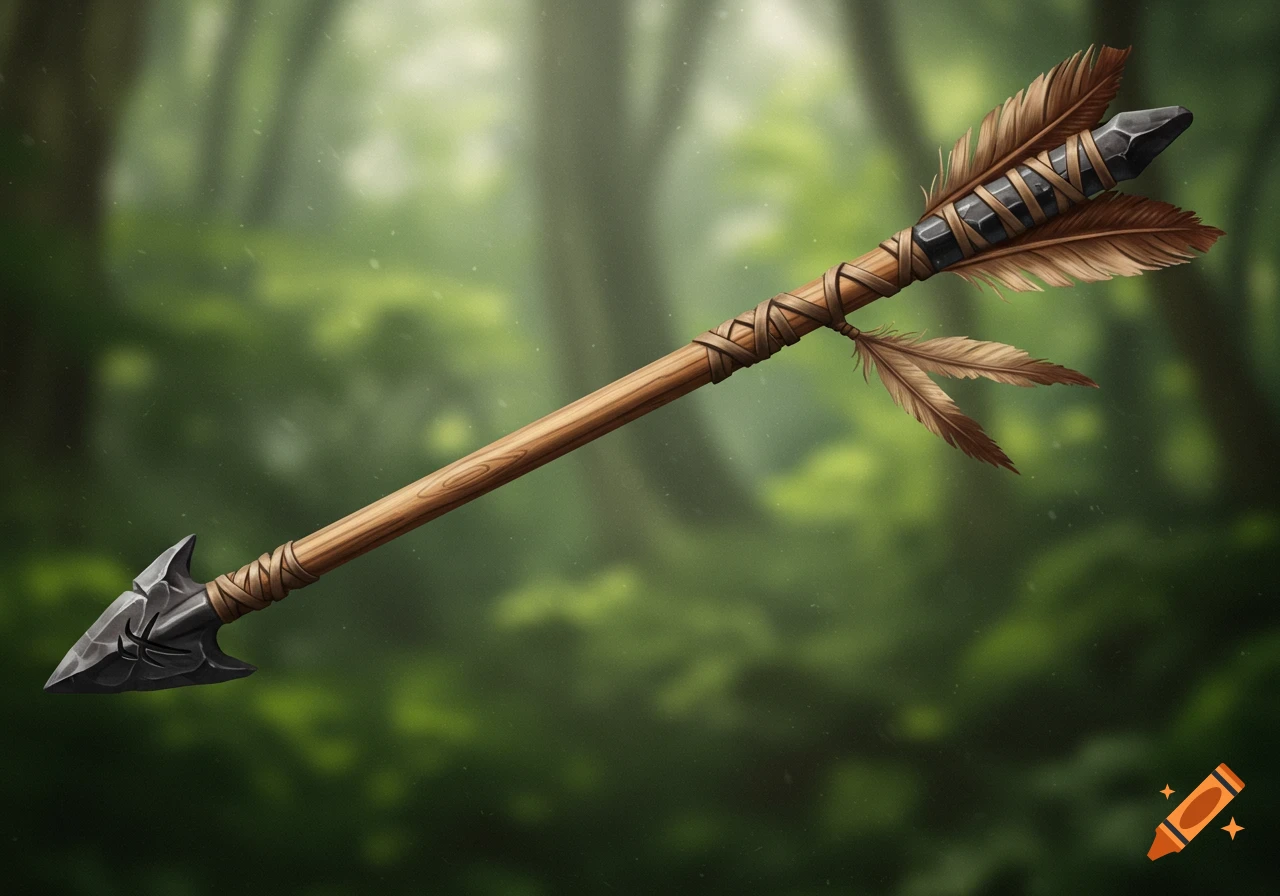 A handmade arrow with feathers and a sharp point against a blurred ...