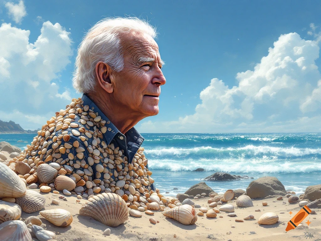 Man resembling Joe Biden covered in seashells on a beach looking out at the ocean. on Craiyon
