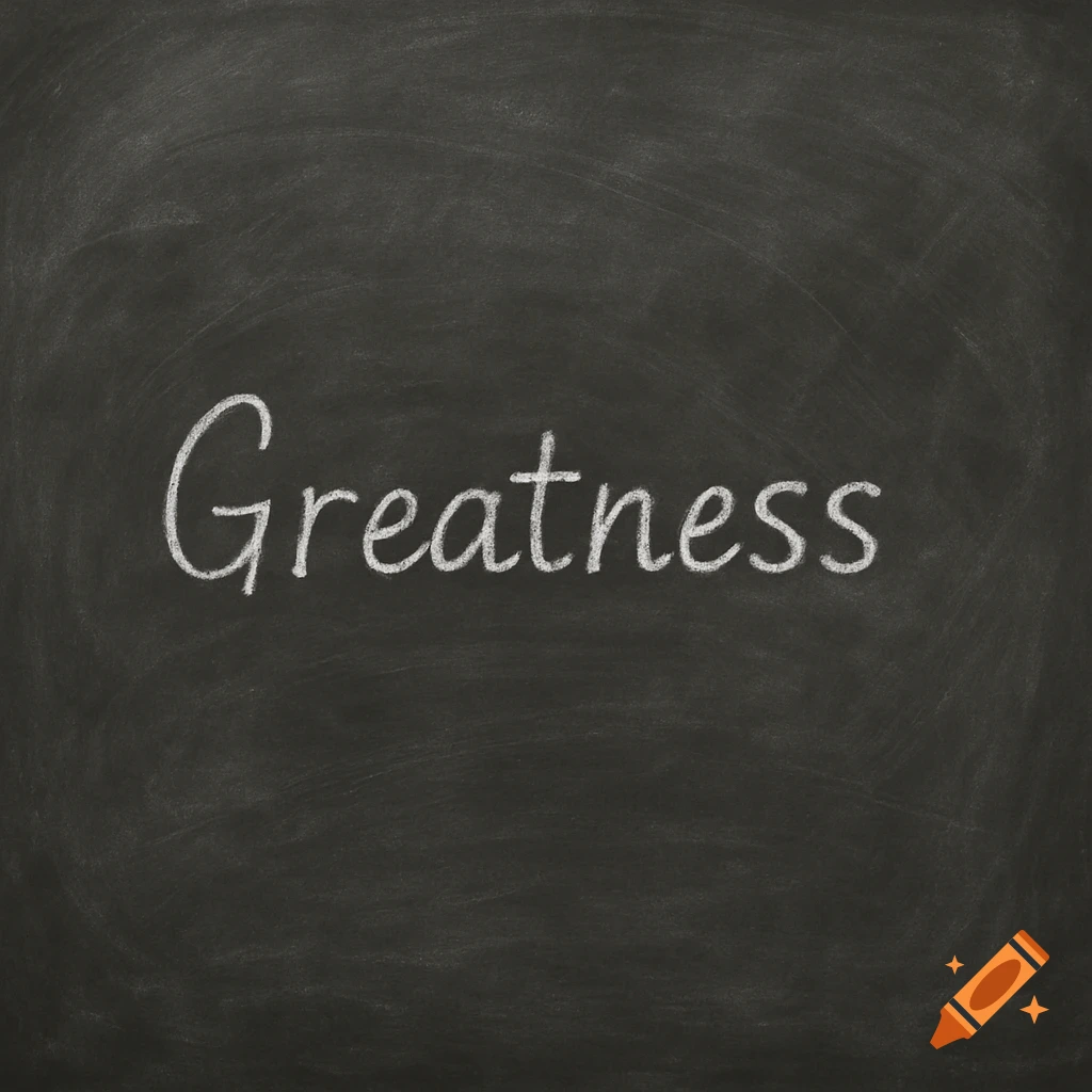 The word 'Greatness' written in chalk on a black chalkboard. on Craiyon