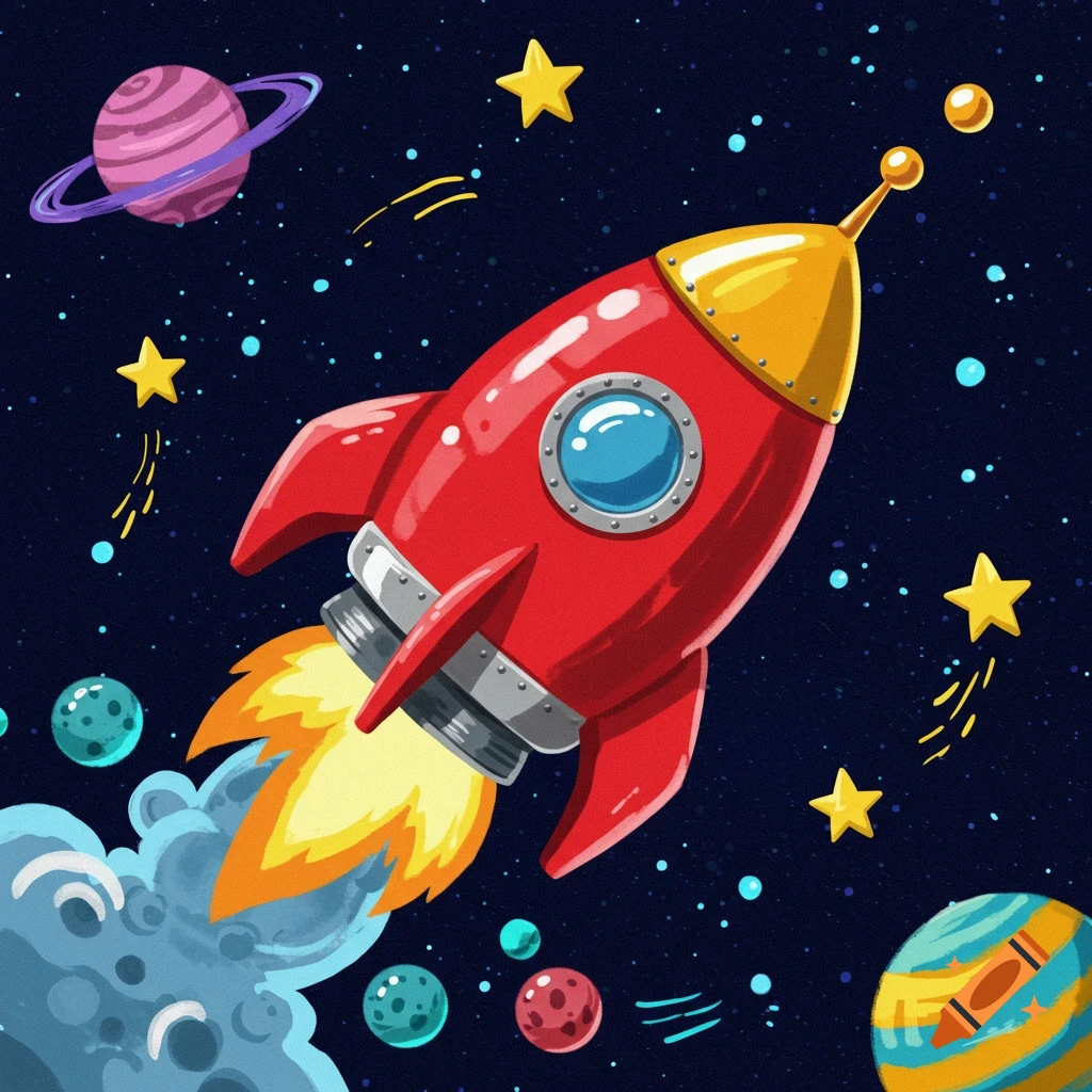 A cartoon illustration of a red rocket flying through space past ...