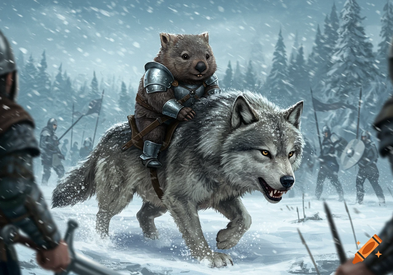 A fantasy illustration of a wombat in armor riding a large wolf through ...