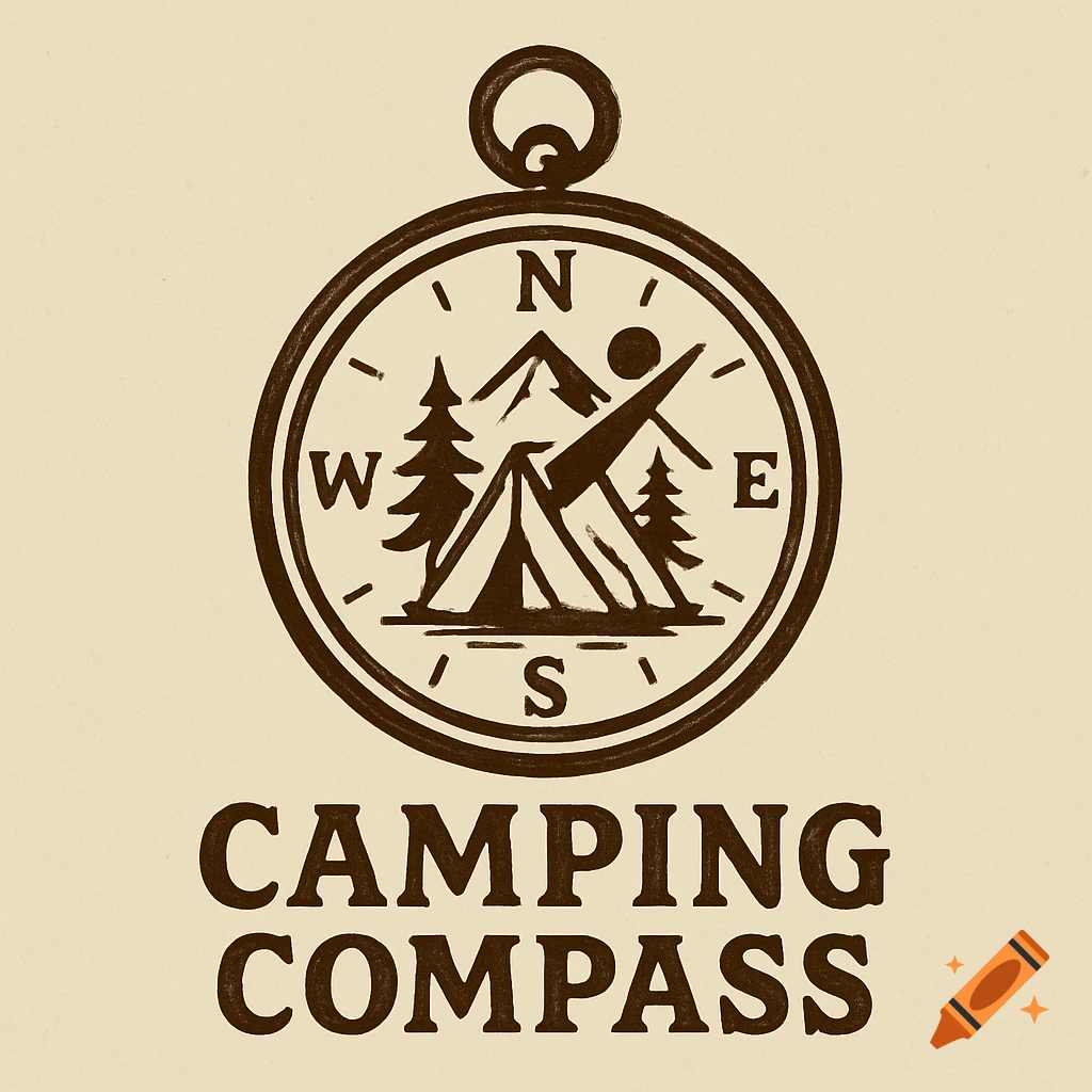 Illustration logo of a compass with a camping scene inside and 'CAMPING ...