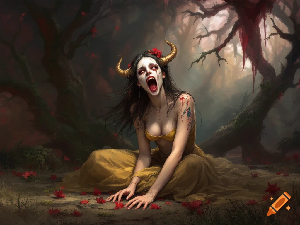 Demonic figure with horns and pale skin sits screaming in a dark, eerie forest. on Craiyon
