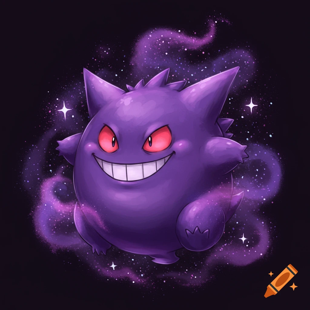 Purple Gengar floats surrounded by starry purple cosmic mist. on Craiyon