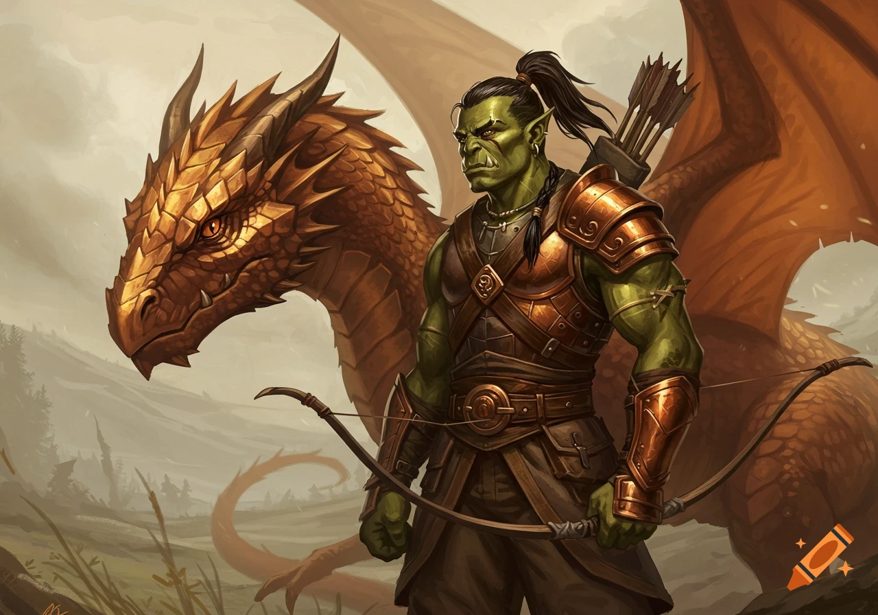 An orc archer stands beside a golden dragon. on Craiyon