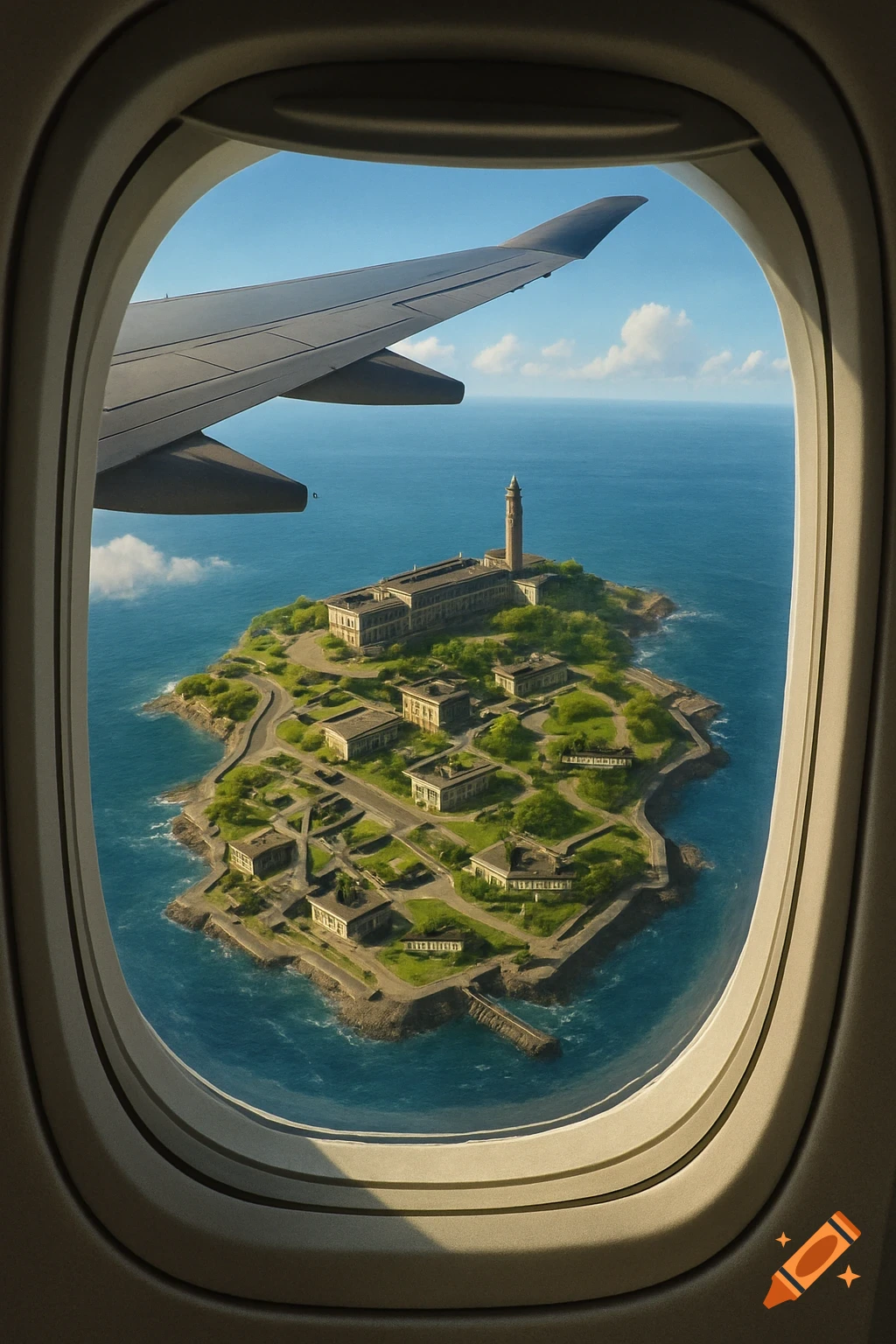 Aerial view of an island with buildings and a lighthouse seen from a ...