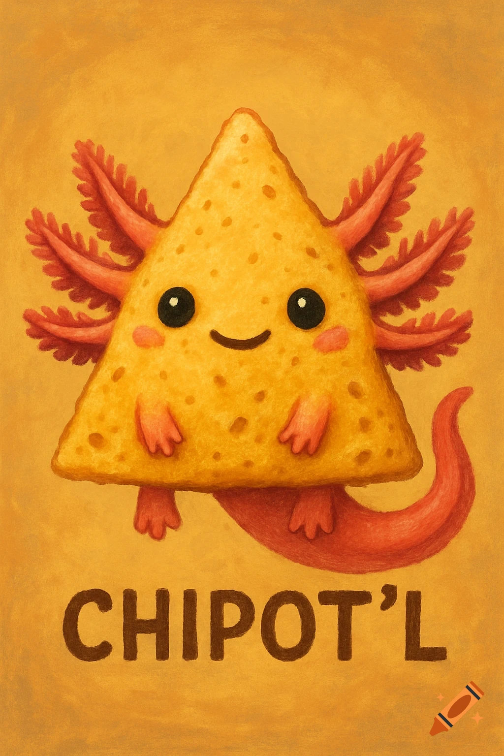 Cartoon illustration of a cute chipotle chip axolotl character with ...