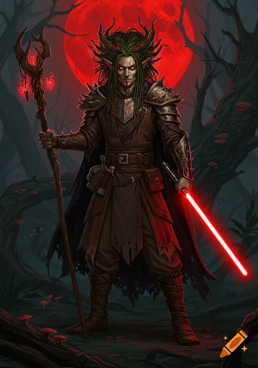 Full body illustration of a dark fantasy character with glowing red ...