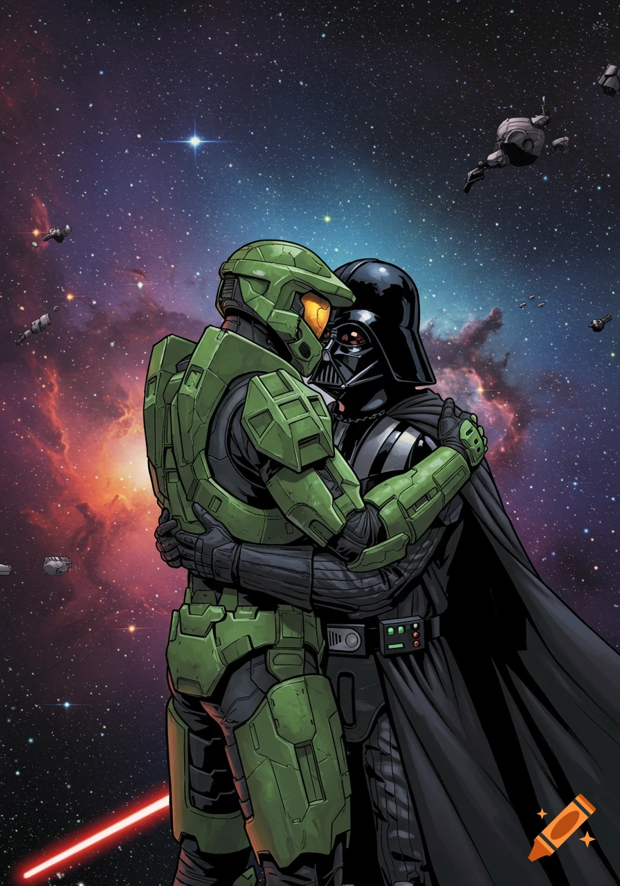 Master Chief and Darth Vader hugging in space, comic book style. on Craiyon