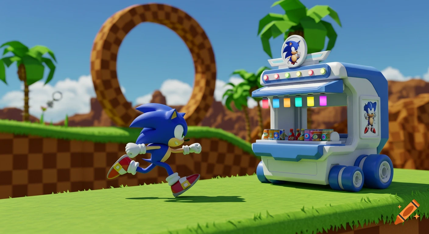 Sonic the Hedgehog running towards a vendor cart in a 3D rendered Green ...