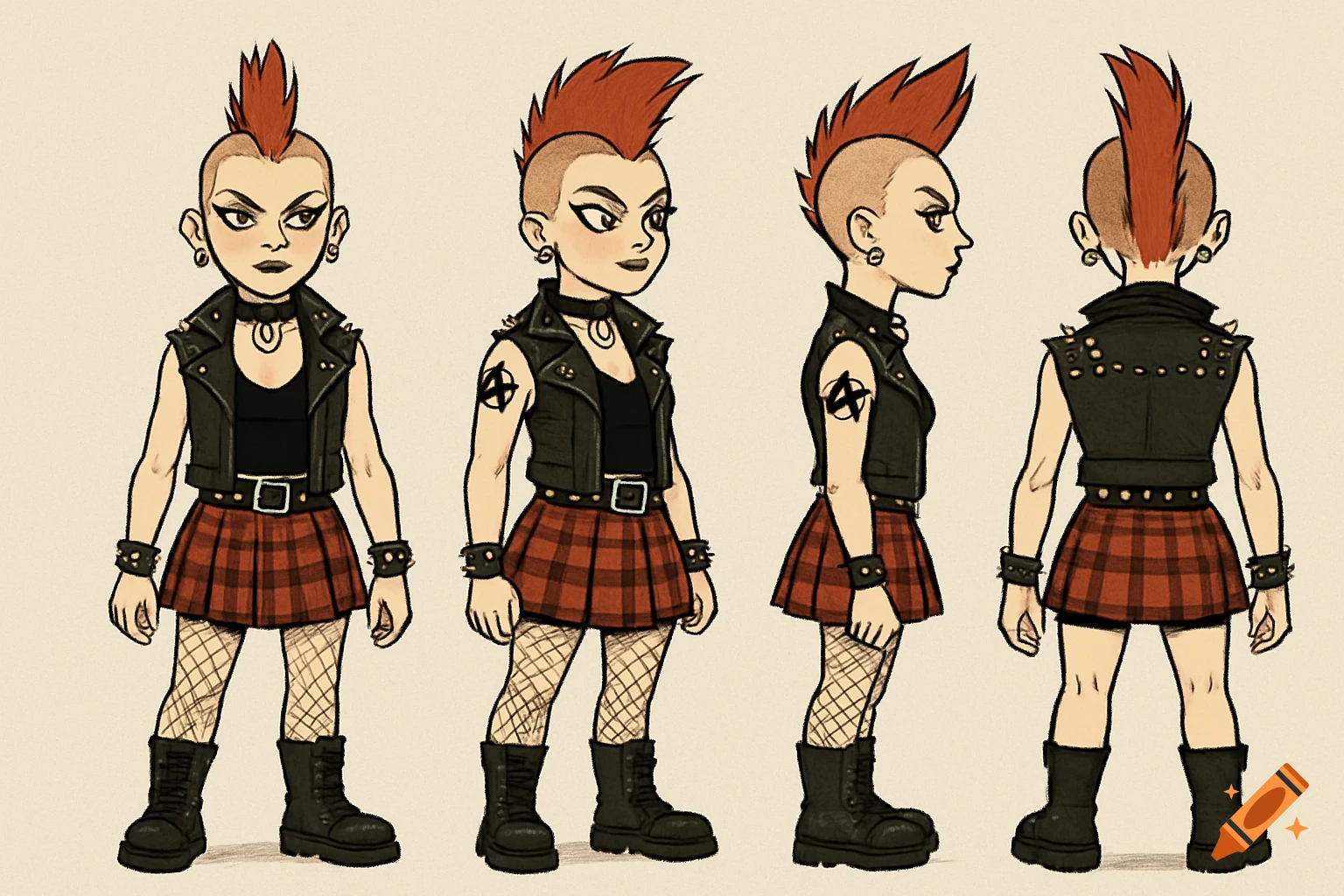Character model sheet of a punk girl with a red mohawk, leather jacket ...