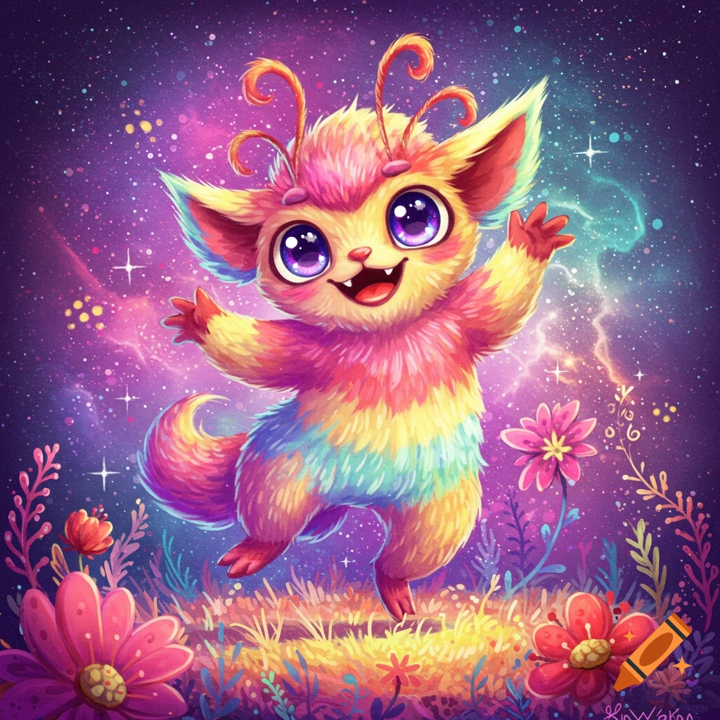 Colourful furry fantasy creature jumping in a starry field with flowers ...
