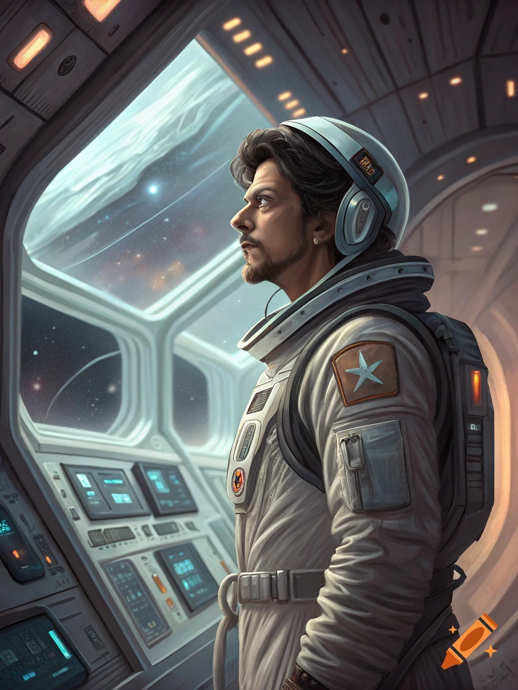 Man in a space suit looks out a window at stars and a planet from a ...