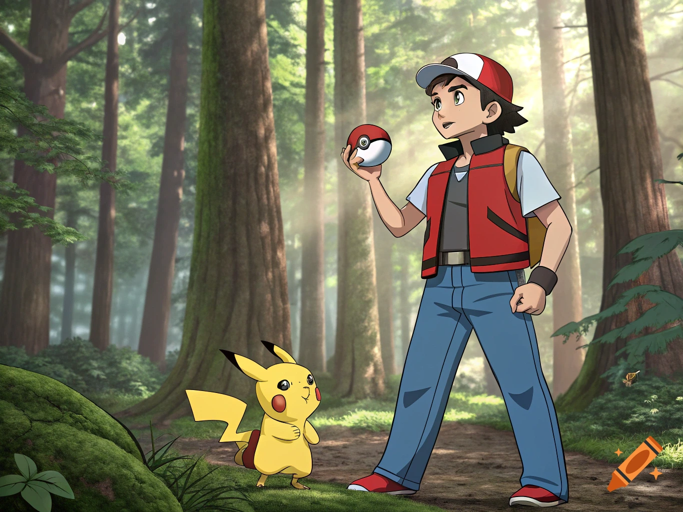 A cartoon boy dressed as a Pokemon trainer holds a Pokeball next to ...