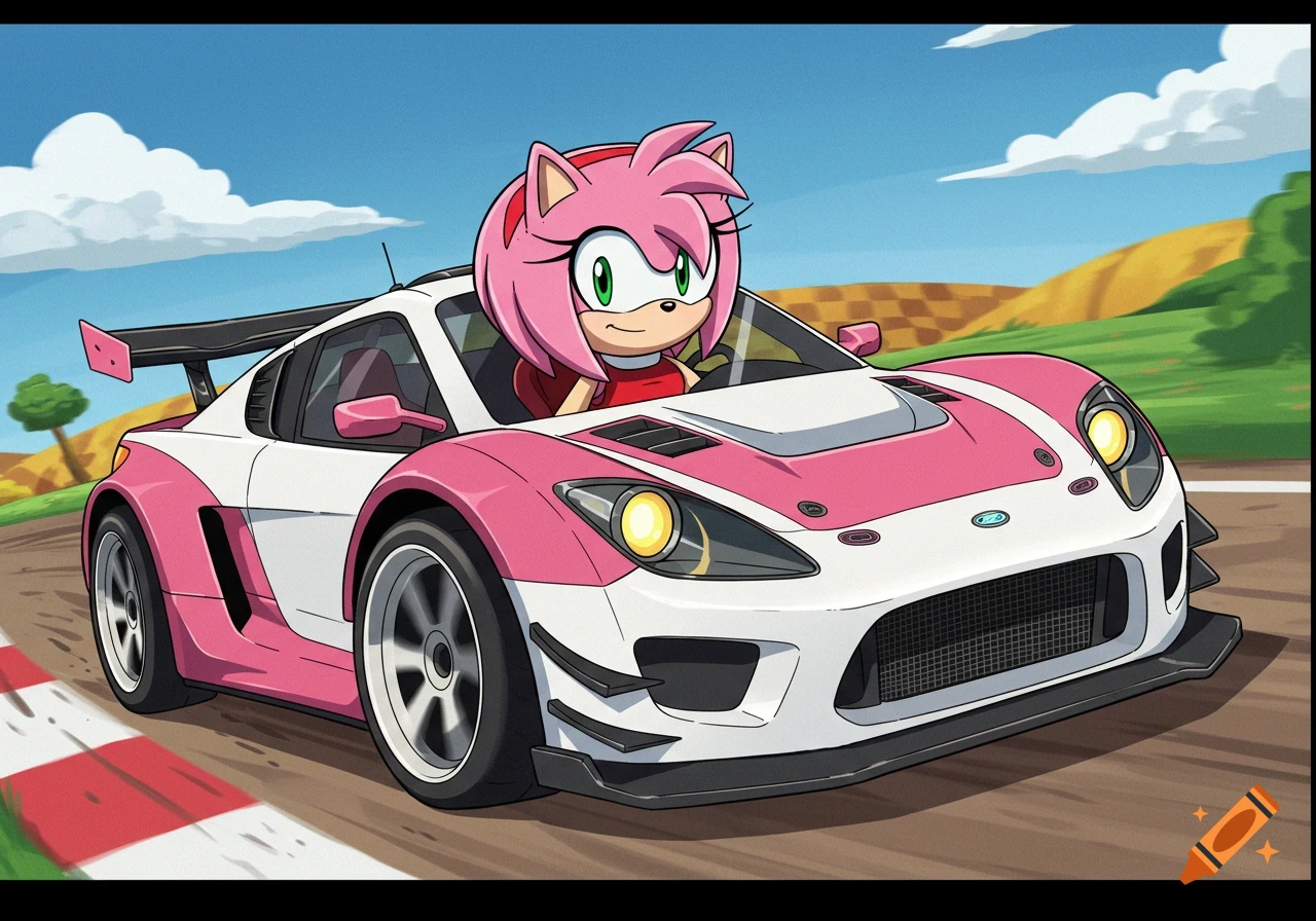 Amy Rose drives a pink and white race car on a track in an anime style ...