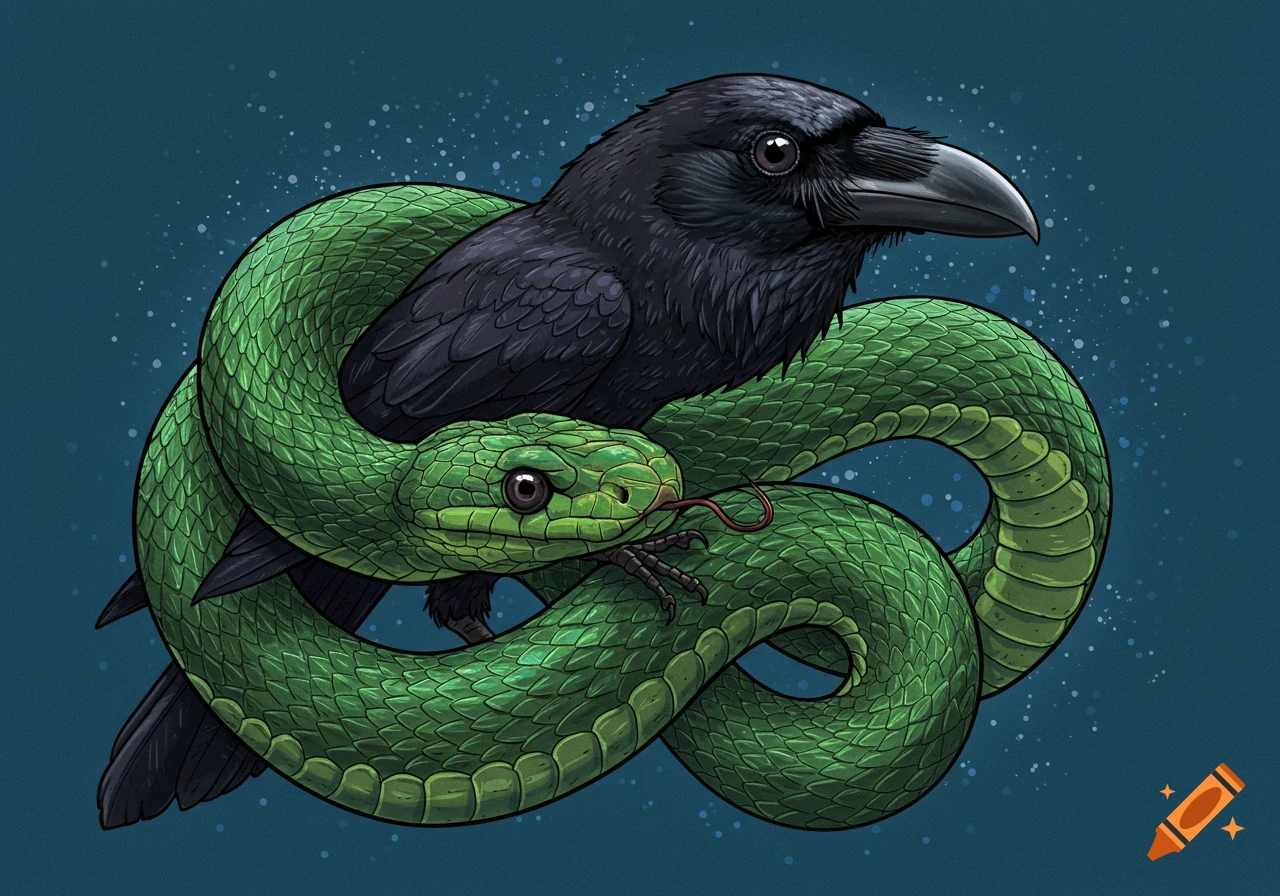 Illustration of a black crow intertwined with a green snake. on Craiyon