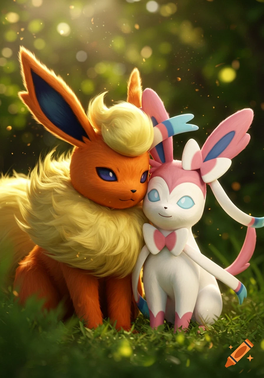 Flareon and Sylveon cuddling in a sunny, grassy forest. on Craiyon