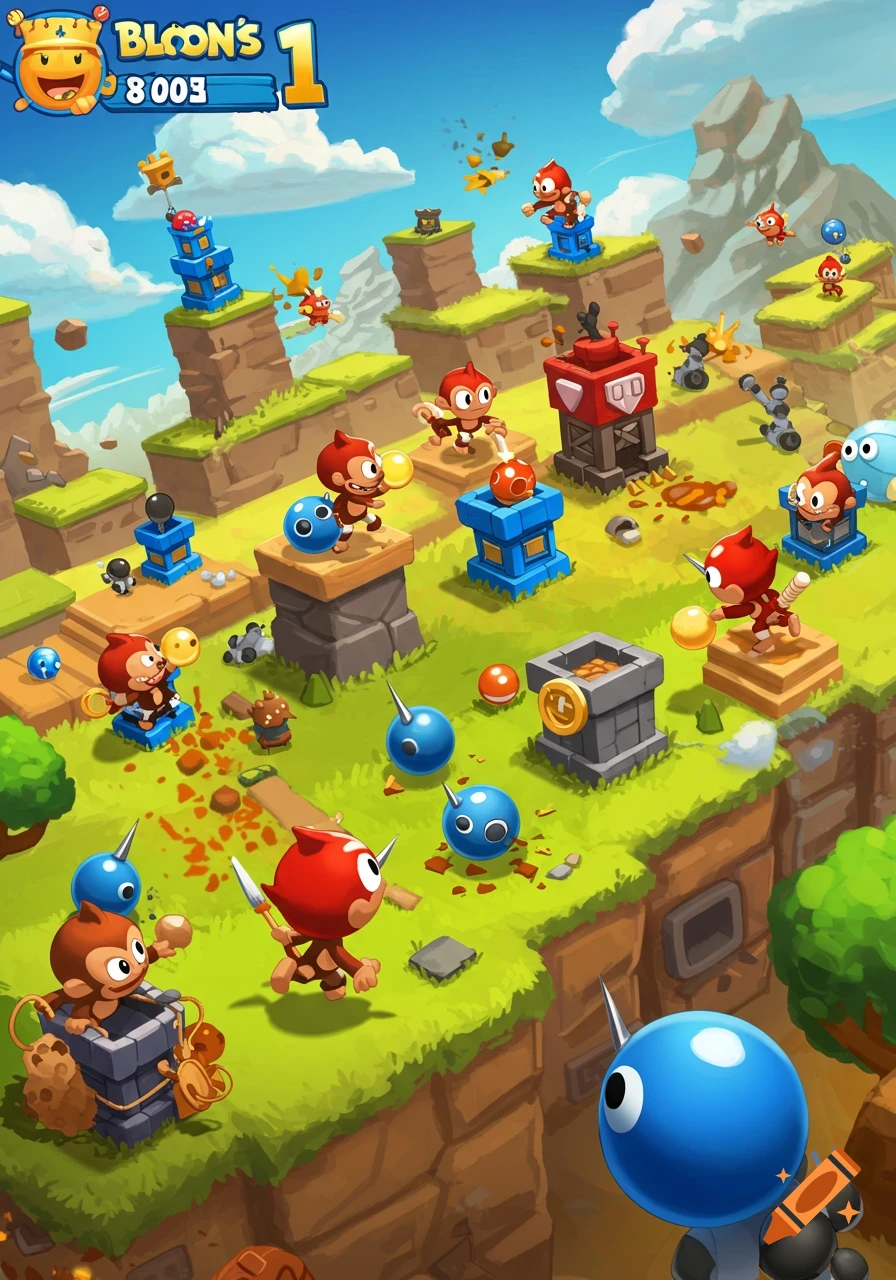 Cartoon monkeys fight blue balloons on a grassy platform game map with ...