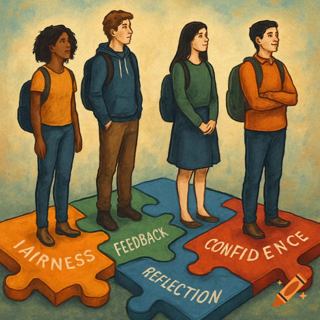 Illustration of four students standing on large puzzle pieces labeled ...