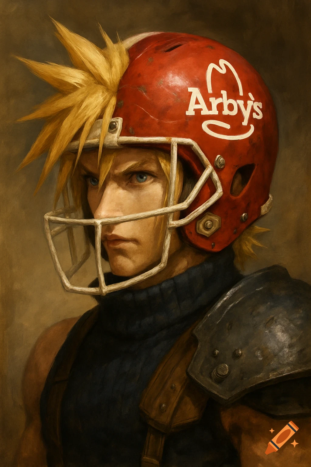 Painting of Cloud from Final Fantasy wearing a football helmet with the ...