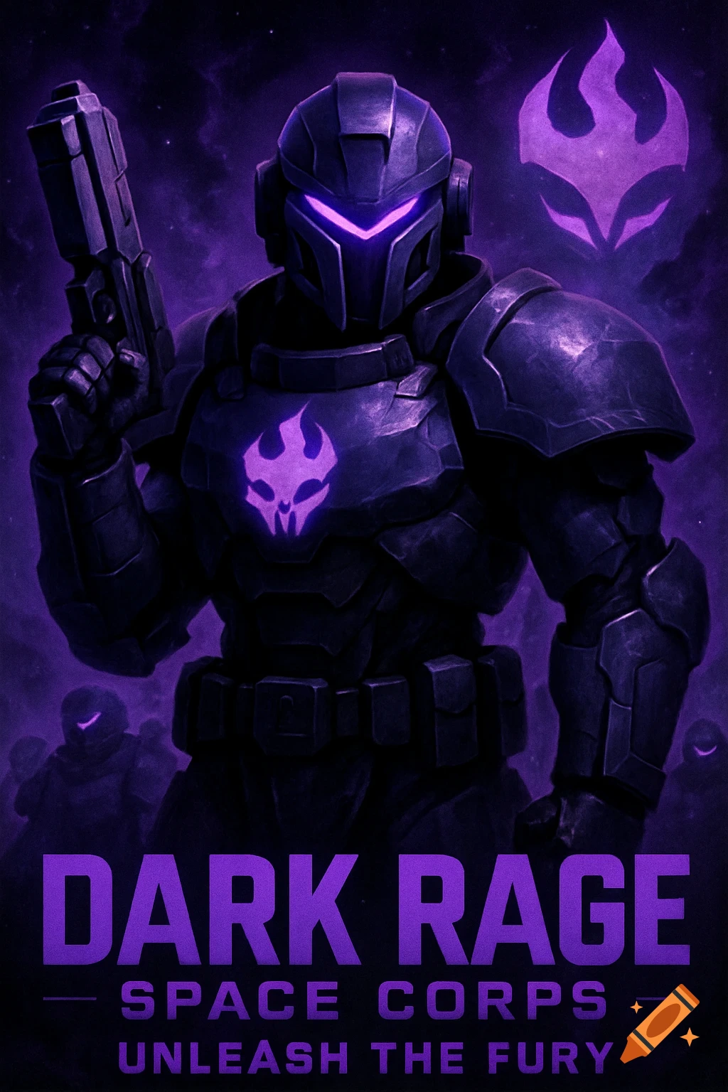 Poster of a dark purple sci-fi soldier in armor holding a rifle, text ...